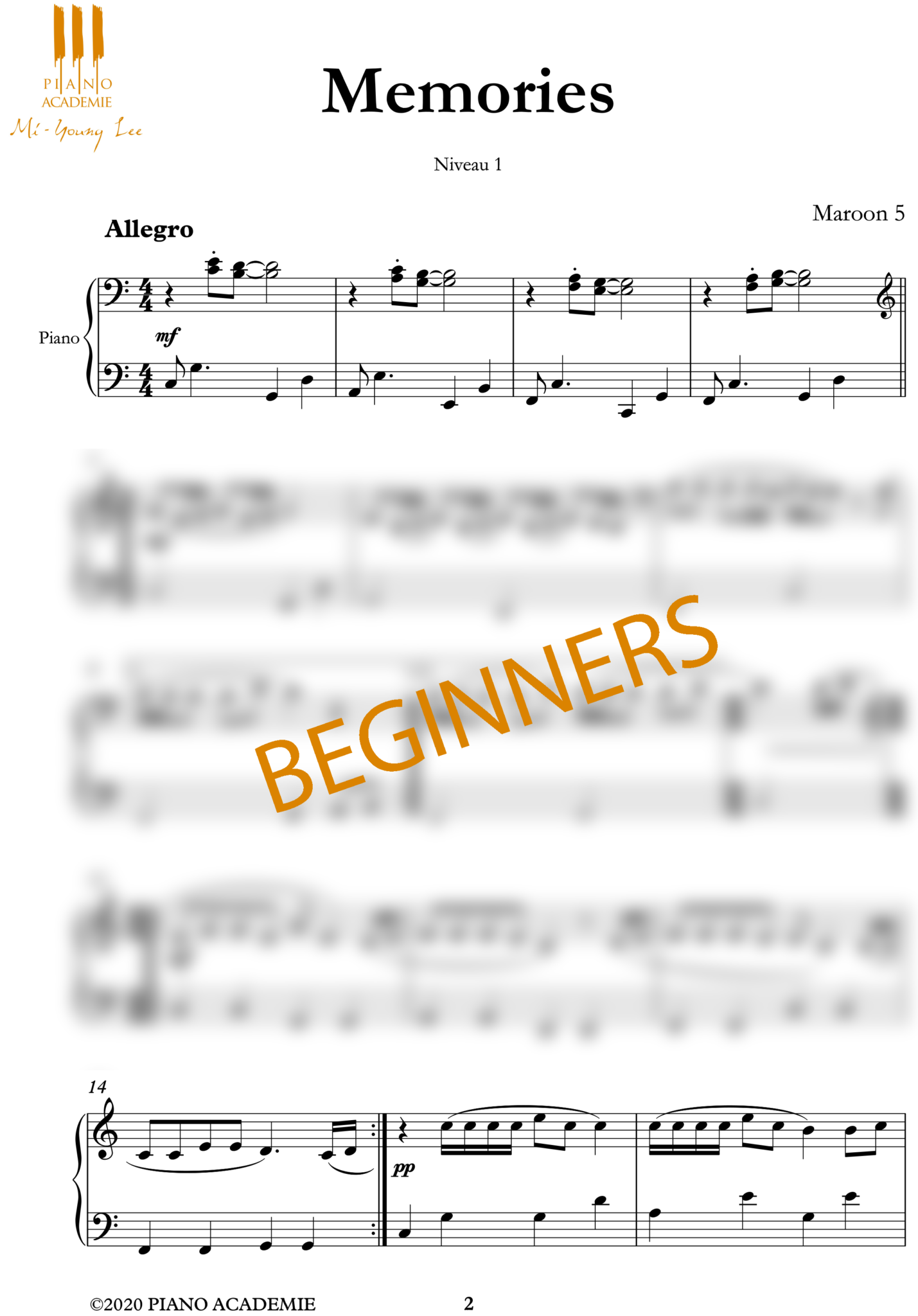 Score - Memories - Maroon 5 - PIANO ACADEMIE